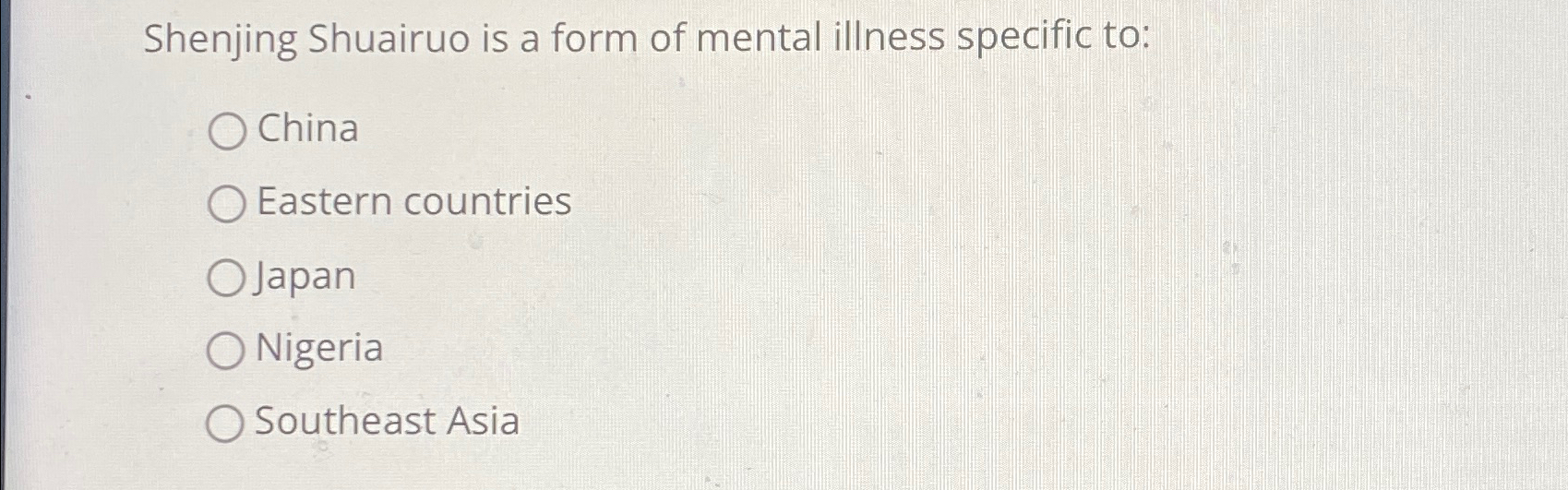 Solved Shenjing Shuairuo is a form of mental illness | Chegg.com
