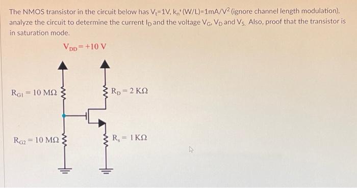 Solved The NMOS transistor in the circuit below has V=1V, | Chegg.com