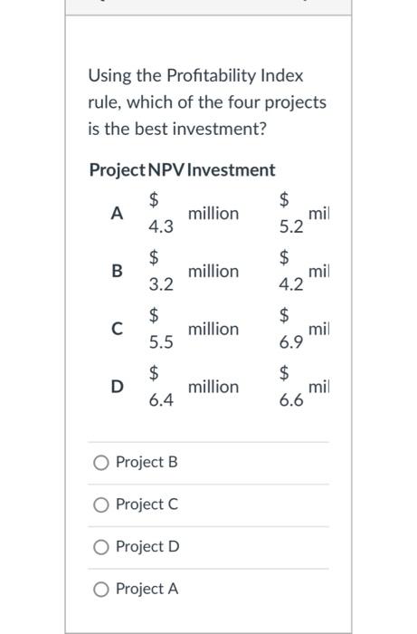 Solved Using the Profitability Index rule, which of the four | Chegg.com