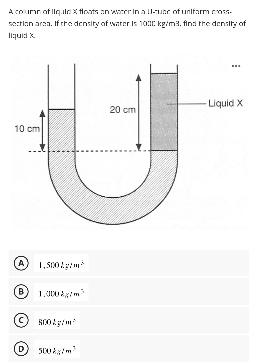 Solved A column of liquid x ﻿floats on water in a U-tube of | Chegg.com