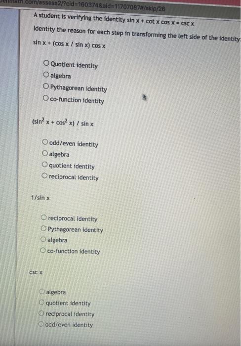 Solved A student is verifying the identity | Chegg.com