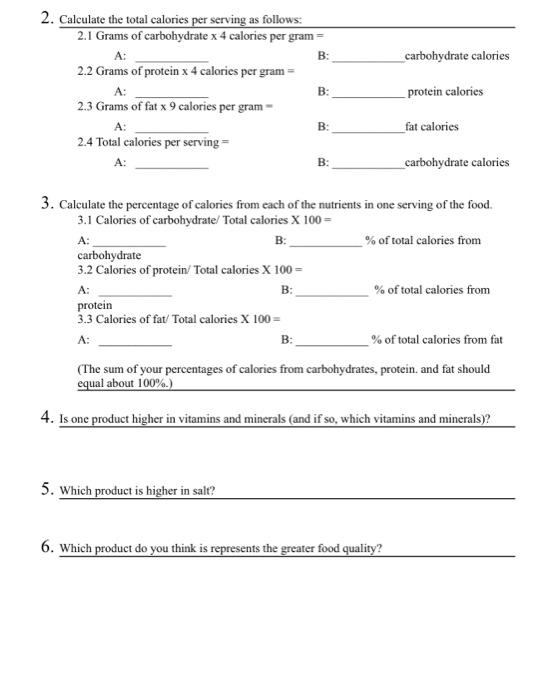 Using nutrition labels comparison activity 1. Fill in | Chegg.com