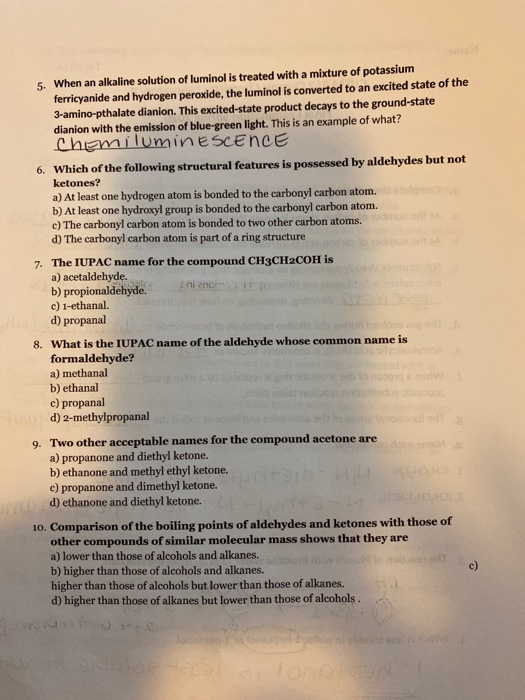 Solved 5. When an alkaline solution of luminol is treated | Chegg.com