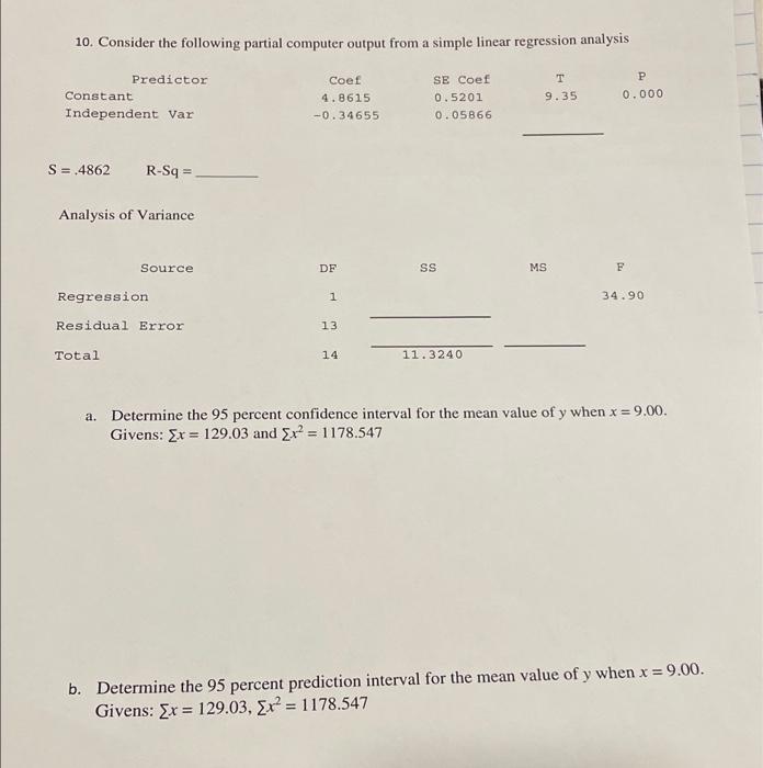 Solved 10. Consider the following partial computer output | Chegg.com