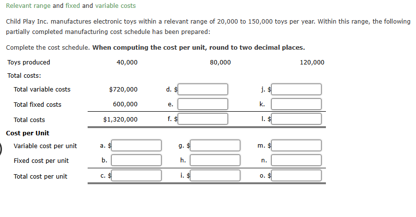 Solved by an EXPERT Relevant range and fixed and variable costsChild Play | Chegg.com