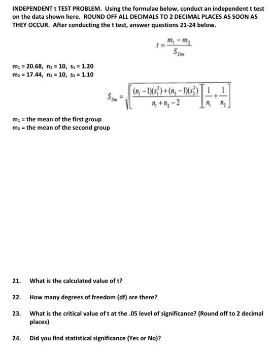 Solved INDEPENDENT TEST PROBLEM. Using the formulae below, | Chegg.com