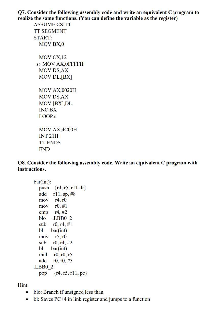Solved Q7. ﻿Consider the following assembly code and write | Chegg.com