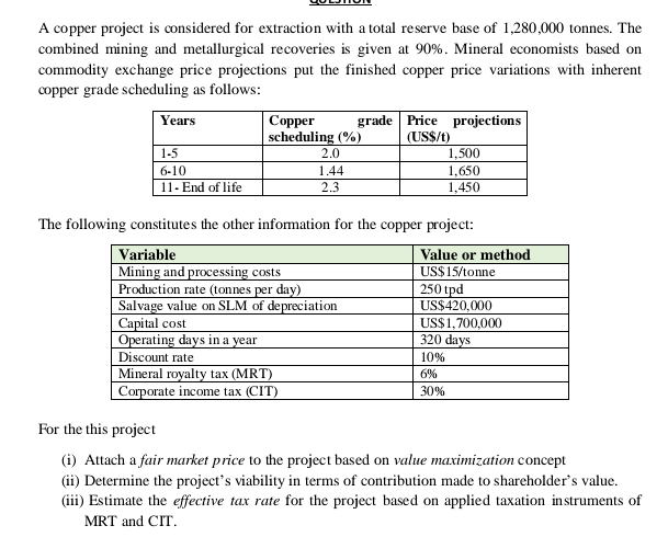 Solved A copper project is considered for extraction with a | Chegg.com