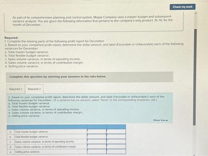 Solved As part of its comprehensive planning and control | Chegg.com