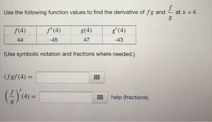 Solved f Use the following function values to find the | Chegg.com