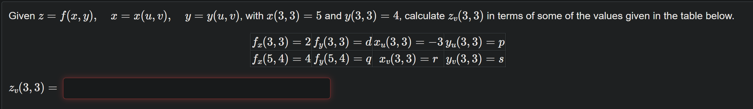 Solved Given z=f(x,y),x=x(u,v),y=y(u,v), ﻿with x(3,3)=5 ﻿and | Chegg.com