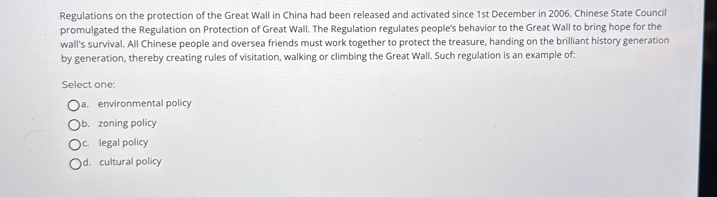 Solved Regulations on the protection of the Great Wall in | Chegg.com