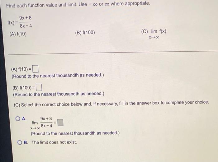 Solved Find each function value and limit. Use - or oo where | Chegg.com