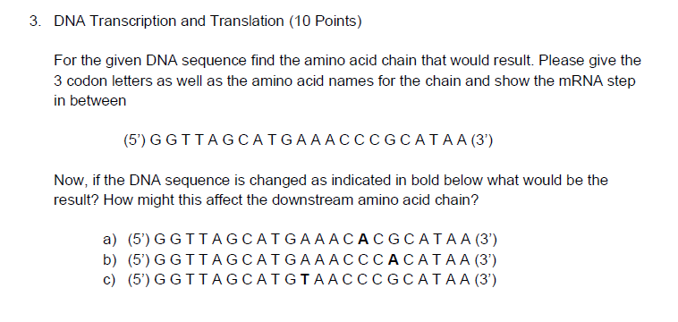 Solved DNA Transcription and Translation (10 ﻿Points)For the | Chegg.com
