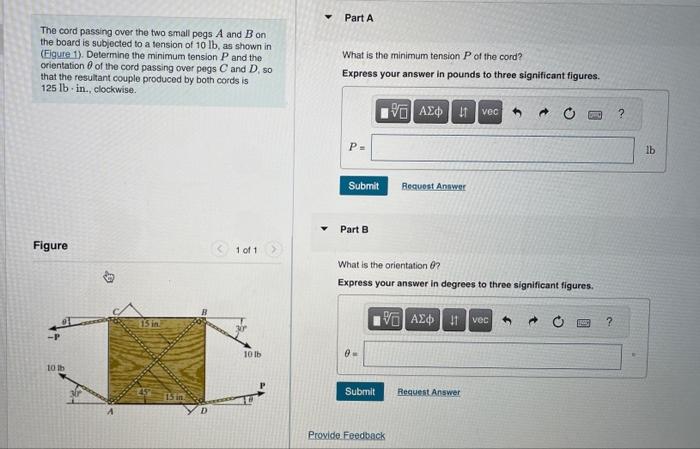 Solved The cord passing over the two small pegs A and B on | Chegg.com