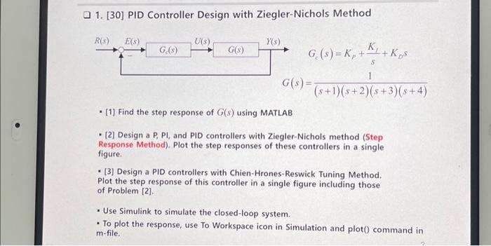 Solved 1. [30] PID Controller Design with Ziegler-Nichols | Chegg.com