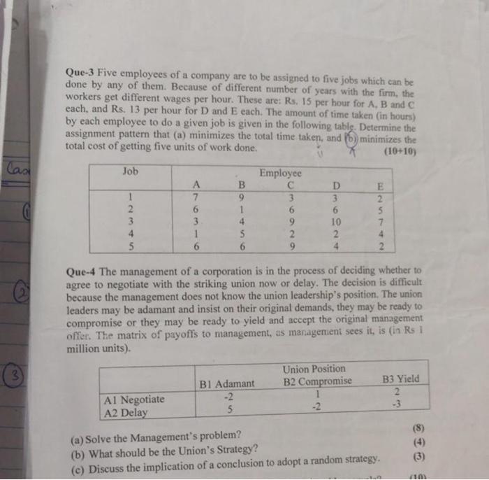 Solved Que-3 Five employees of a company are to be assigned | Chegg.com
