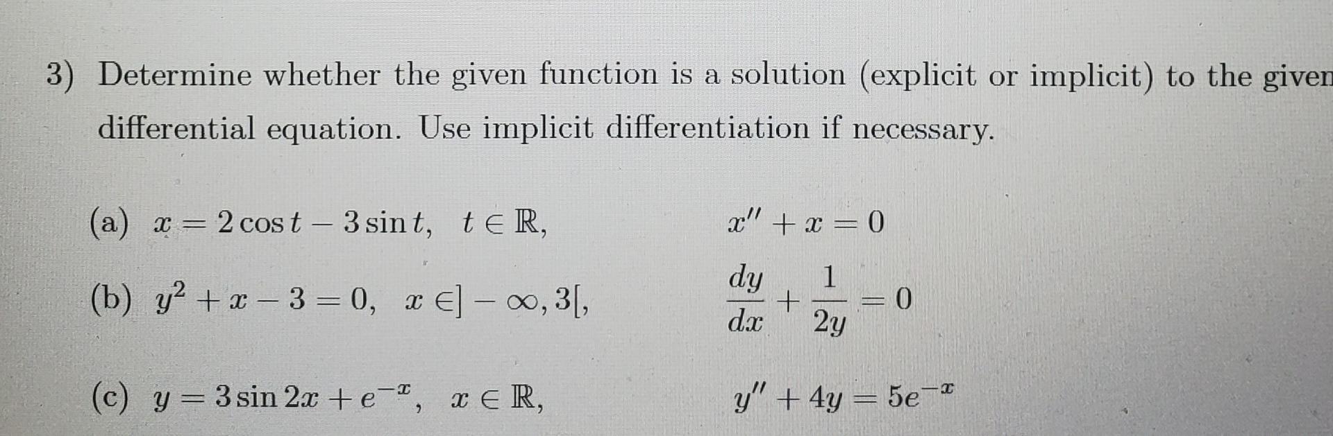 Solved 3) Determine whether the given function is a solution | Chegg.com