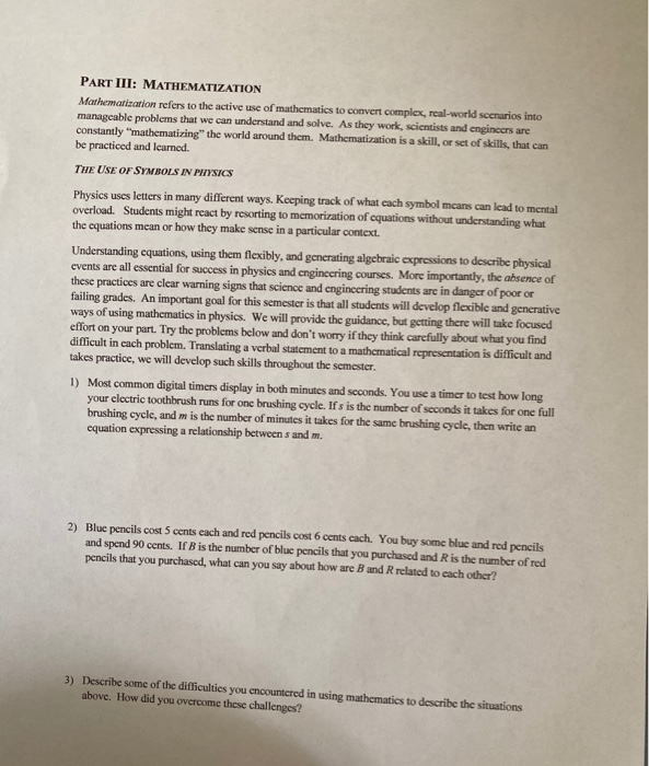 Solved PART III: MATHEMATIZATION Mathematisation refers to | Chegg.com