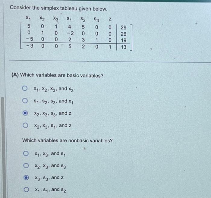 Solved Consider the simplex tableau given below. (A) Which | Chegg.com