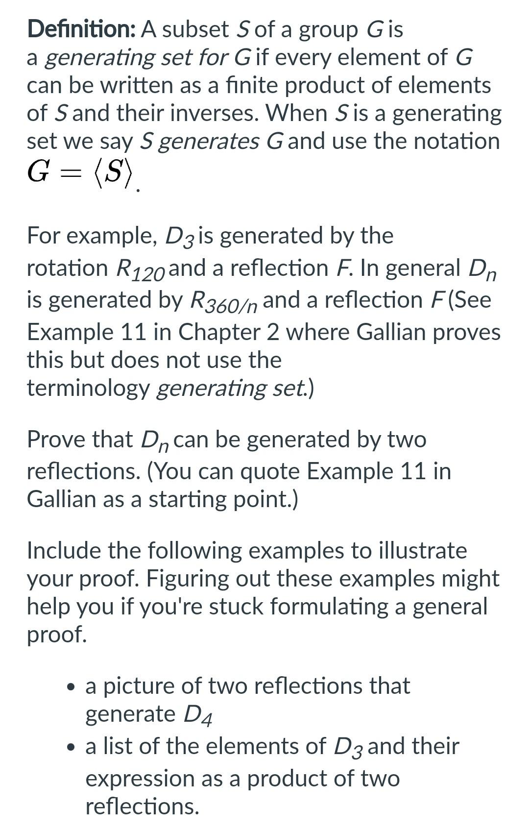 Solved Definition: A subset S of a group G is a generating | Chegg.com