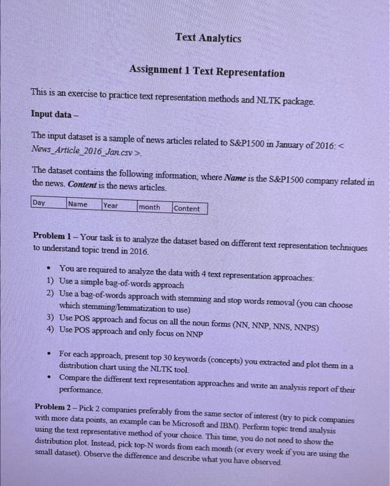 Text Analytics Assignment 1 Text Representation This | Chegg.com