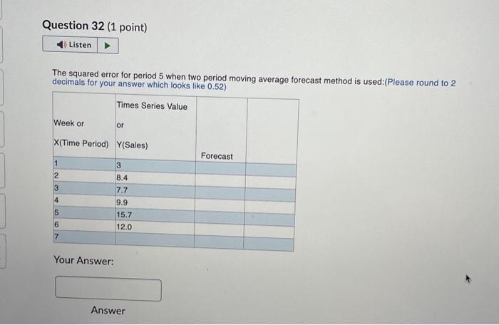 Solved The squared error for period 5 when two period moving | Chegg.com