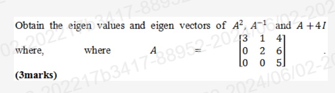 Solved Obtain the eigen values and eigen vectors of A2,A-1 | Chegg.com