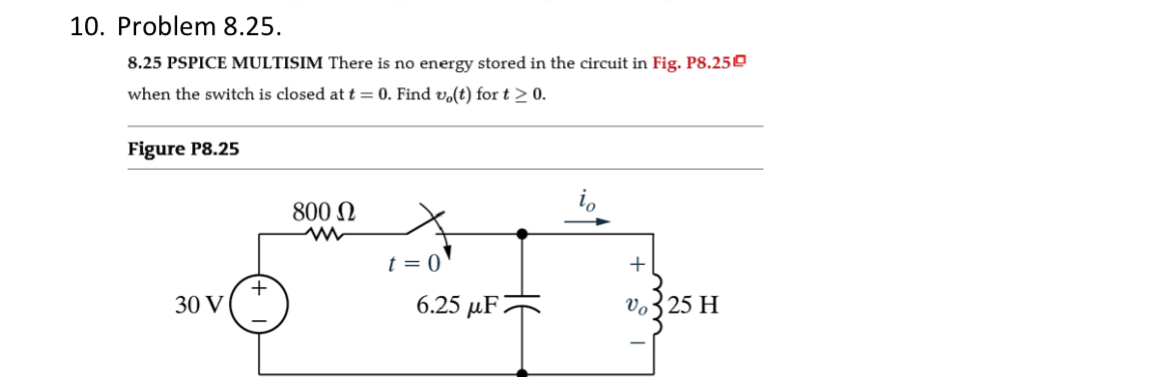 Solved Problem 8.25.8.25 ﻿PSPICE MULTISIM There is no energy | Chegg.com