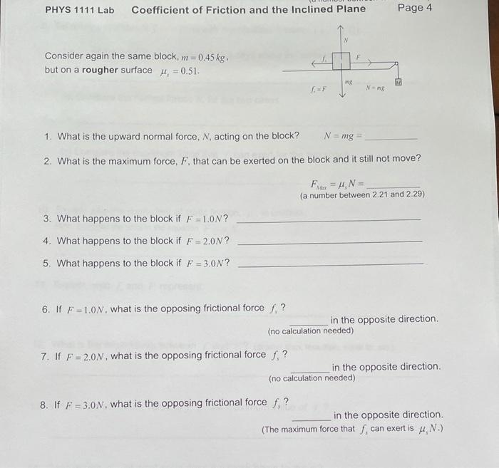 Solved PHYS 1111 Lab Coefficient of Friction and the | Chegg.com