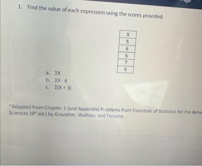Solved 1. Find the value of each expression using the scores | Chegg.com