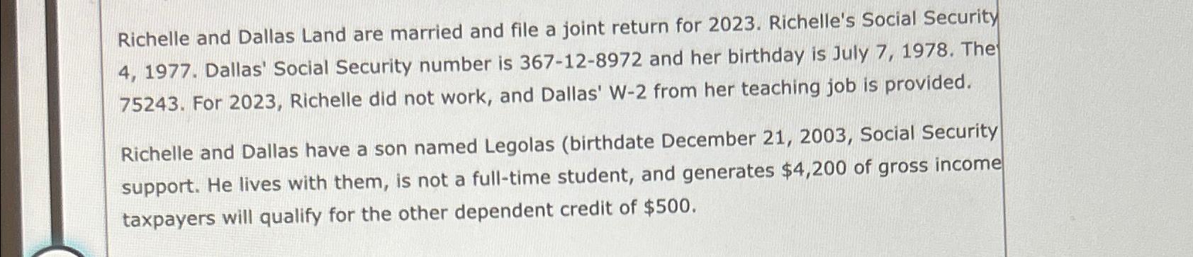 Solved Richelle and Dallas Land are married and file a joint | Chegg.com