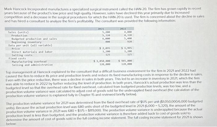 Solved Mark Hancock Incorporated manufactures a specialized | Chegg.com