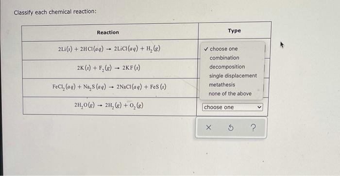 Solved Classify each chemical reaction: Reaction Type 2Li(s) | Chegg.com