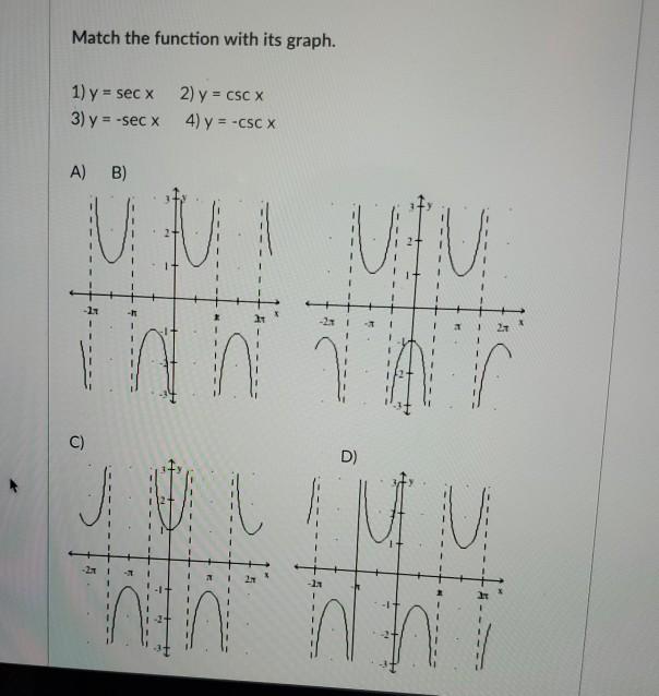 Solved Match the function with its graph. 1) y = sec x 2) y | Chegg.com