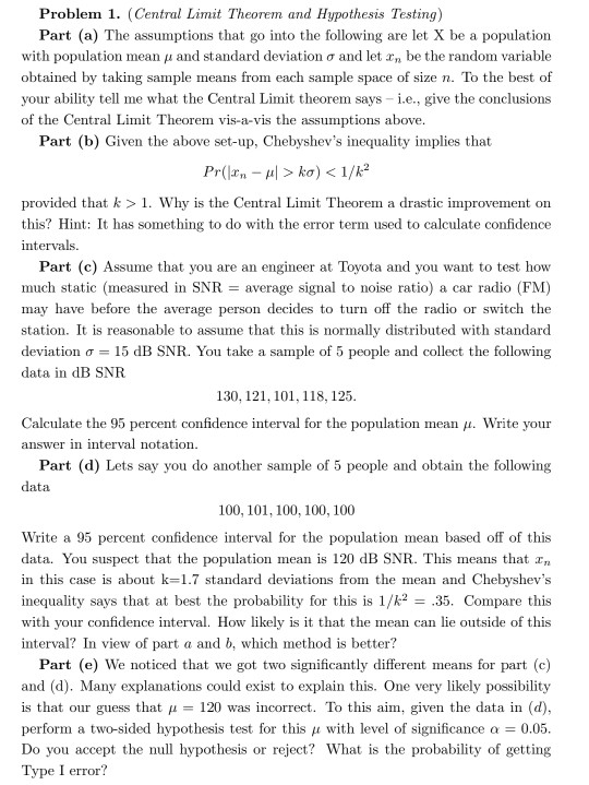 Problem 1. (Central Limit Theorem and Hypothesis | Chegg.com
