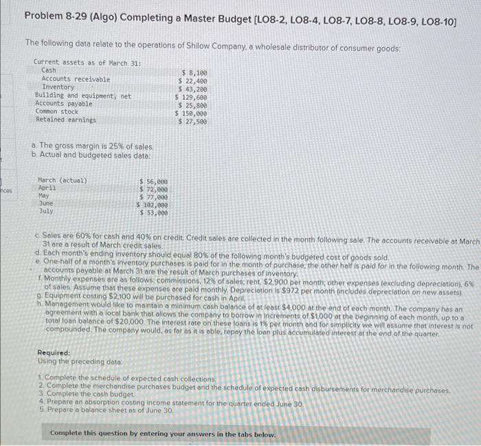 Solved Problem 8-29 (Algo) Completing a Master Budget | Chegg.com