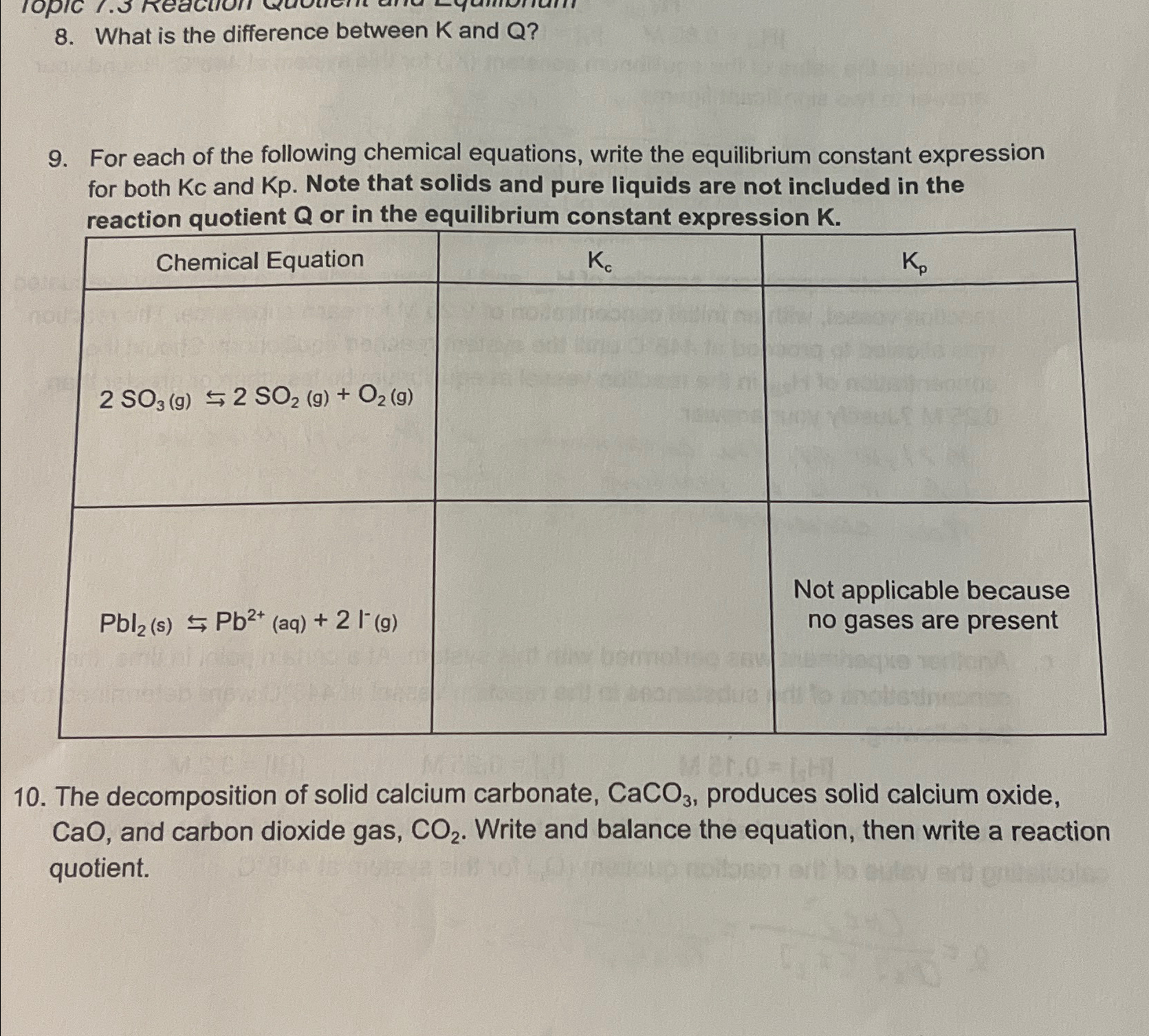 Solved What is the difference between K ﻿and Q ?For each of | Chegg.com