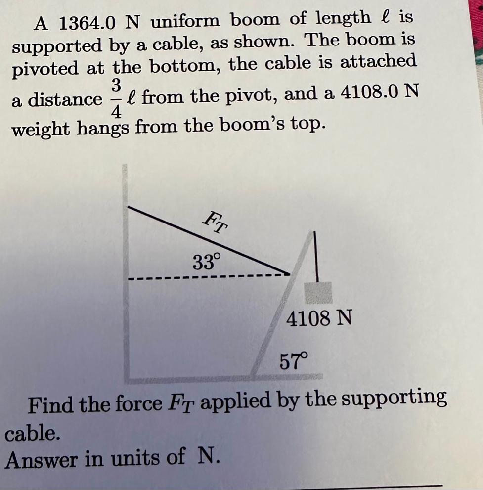 A 1364.0 ﻿N uniform boom of length l ﻿is supported by | Chegg.com