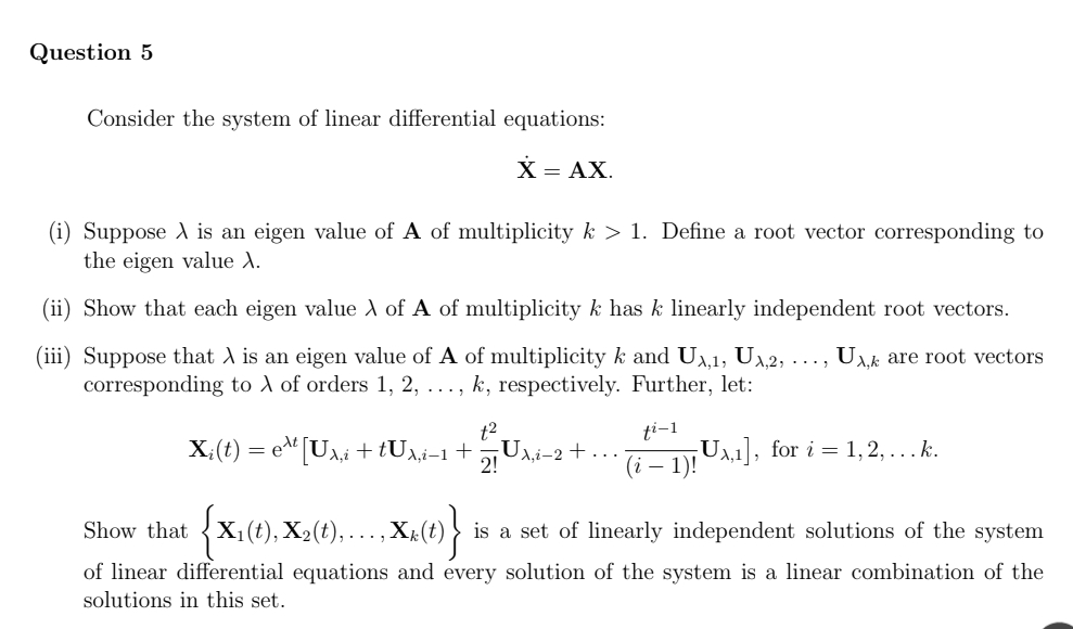 Solved Question 5Consider the system of linear differential | Chegg.com