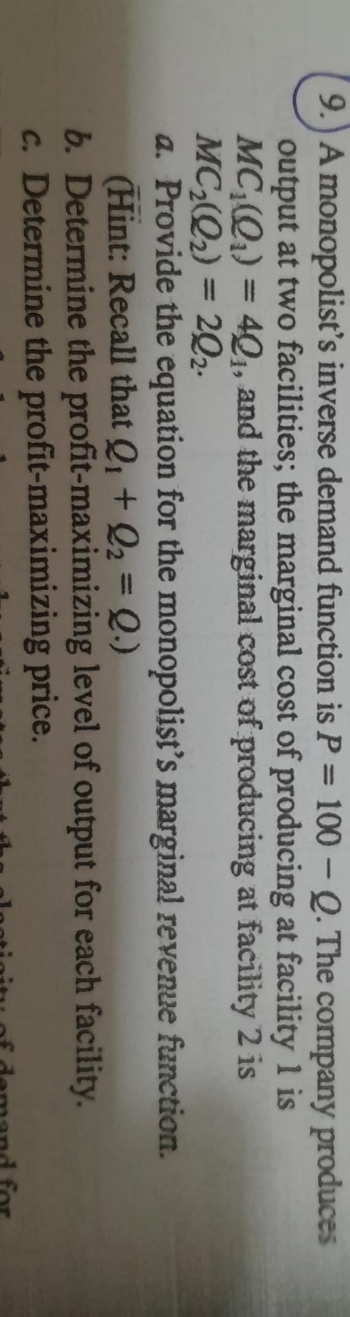 Solved A monopolist's inverse demand function is P=100-Q. | Chegg.com