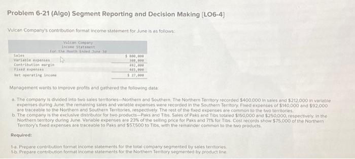 Solved Problem 6-21 (Algo) Segment Reporting and Decision | Chegg.com
