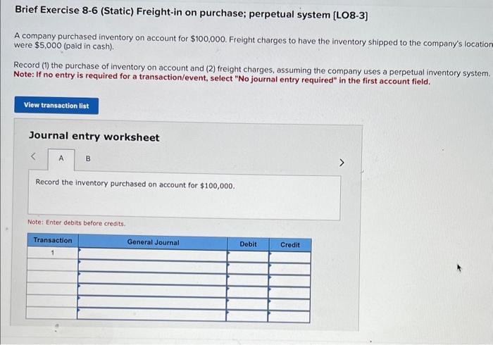 Solved Brief Exercise 8-6 (Static) Freight-in on purchase; | Chegg.com