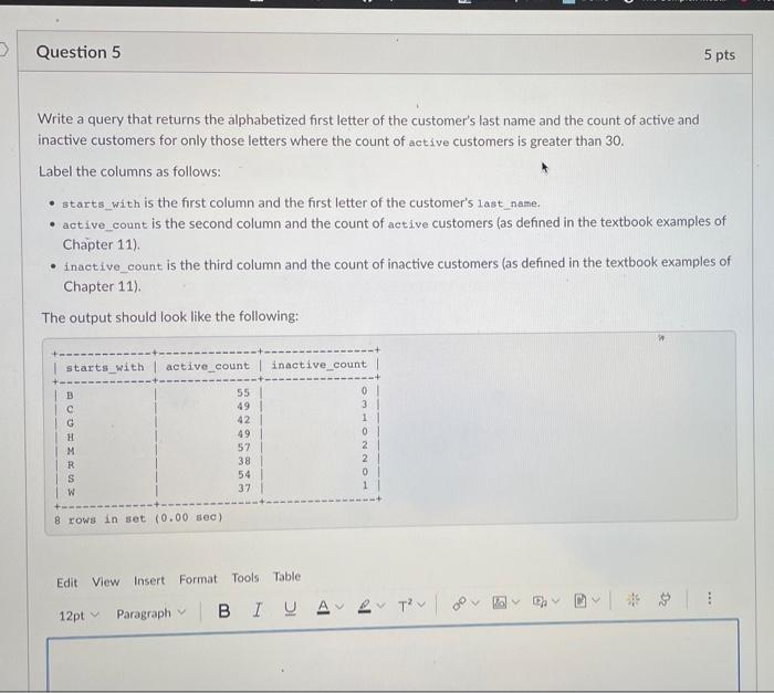 Solved > Question 5 5 pts Write a query that returns the | Chegg.com