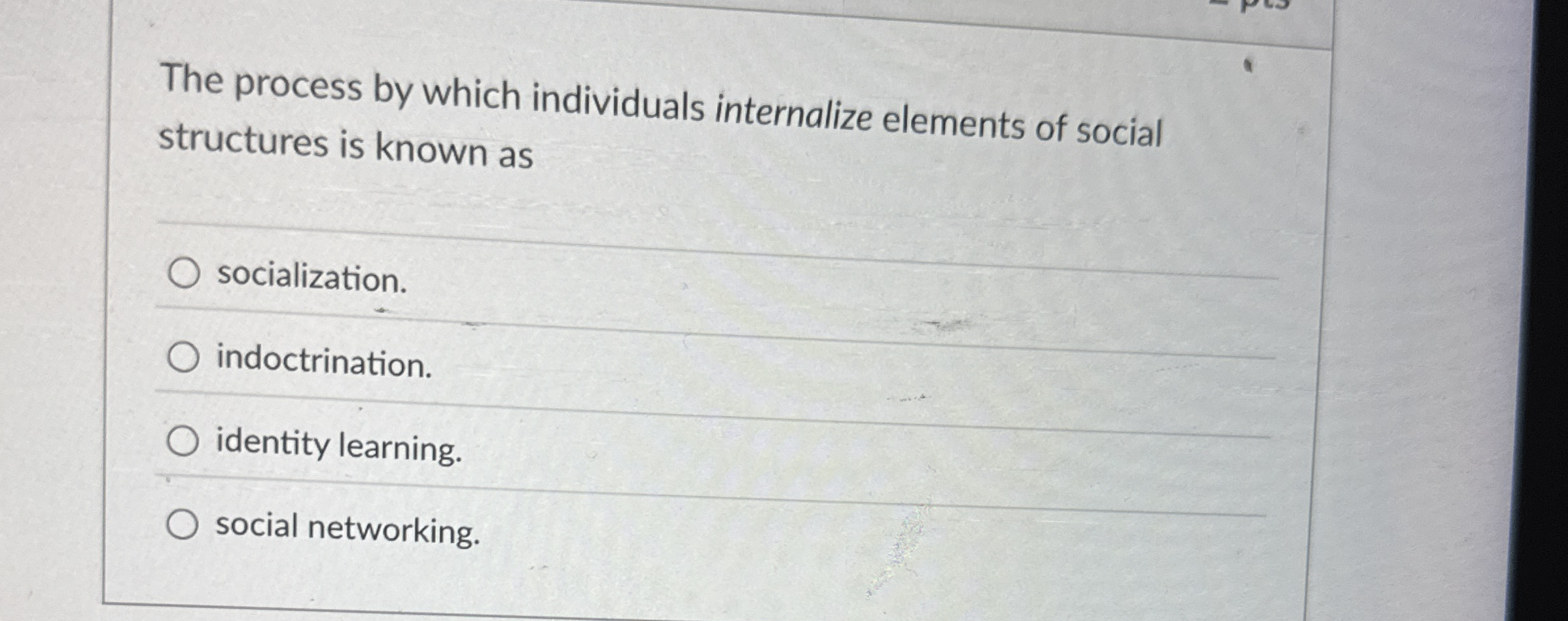 Solved The process by which individuals internalize elements | Chegg.com