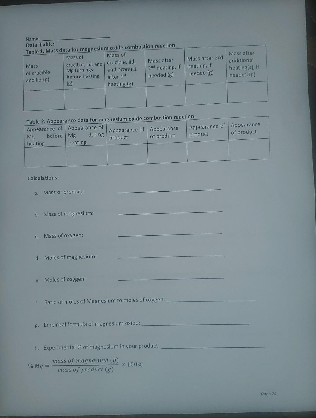Solved Name: Data Table: Table 1. Mass data for magnesium | Chegg.com