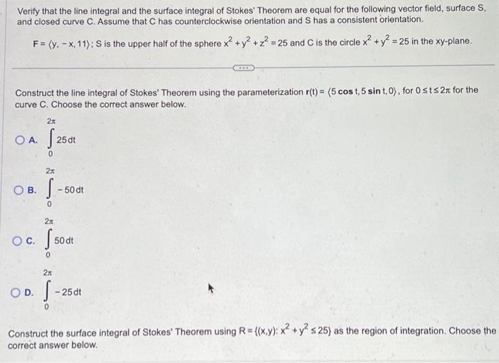 Solved Verify that the line integral and the surface | Chegg.com