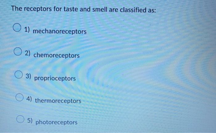 Solved The receptors for taste and smell are classified as: | Chegg.com
