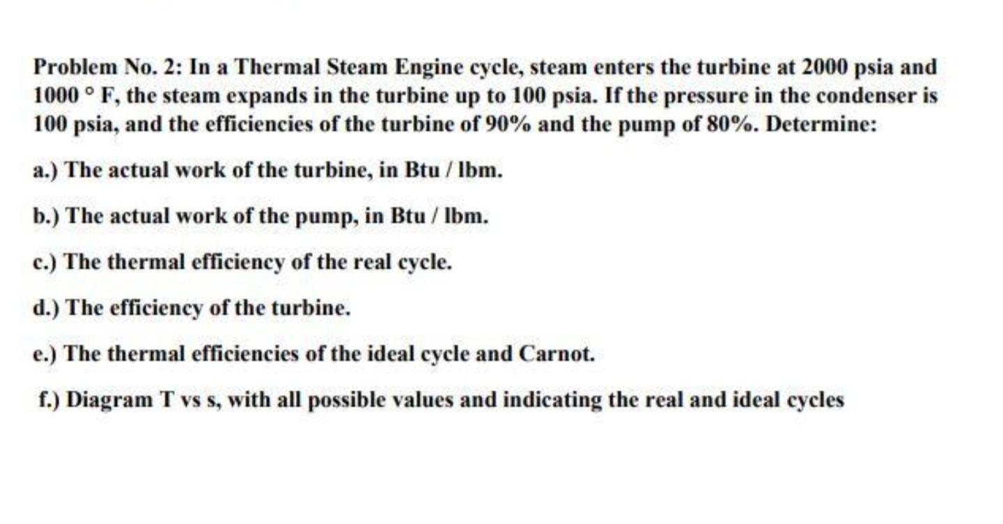 Solved Problem No. 2: In a Thermal Steam Engine cycle, steam | Chegg.com