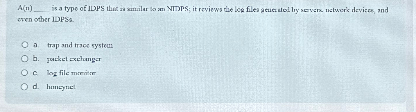 Solved A(n) ﻿is a type of IDPS that is similar to an NIDPS; | Chegg.com